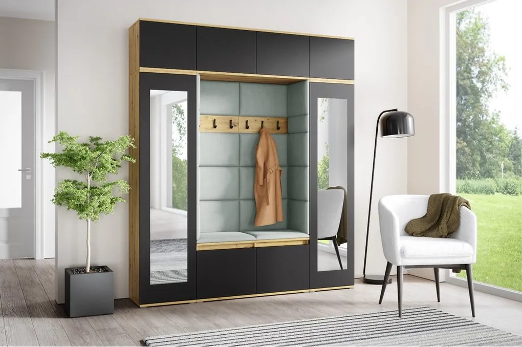 Eka Předsíňová stěna s čalouněnými panely Trinity 32 - Dub Artisan s černou / Světlá zelená 2321
