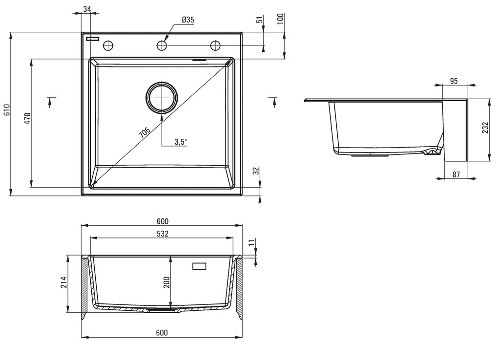 Deante Eridan Farmerski, granitový dřez na desku 600x610x214 mm, 3,5" + prostorově úsporný sifon, 1-komorový, šedá, ZQE_S10K