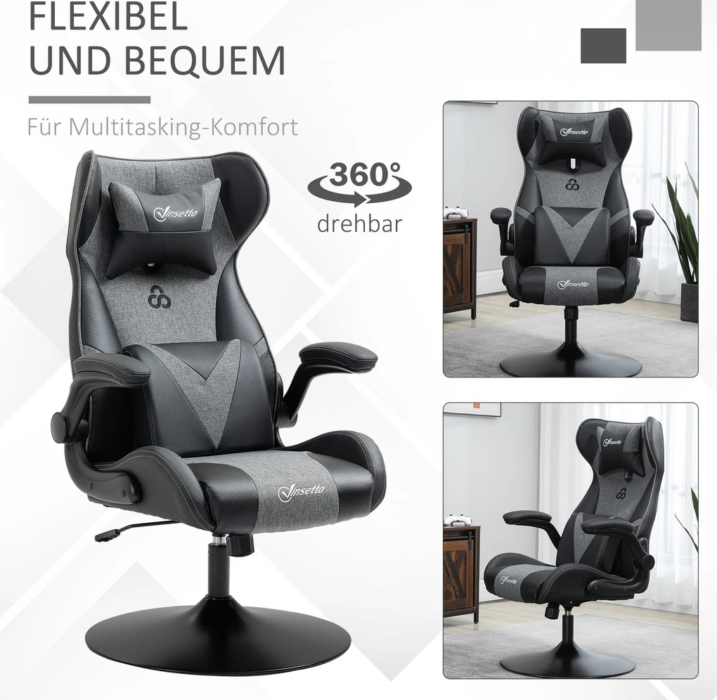 Ergonomická herní židle Vinsetto s nastavitelnou výškou, kulatou základnou, sklápěcími opěrkami, podhlavníkem a bederními polštáři, PU šedá černá