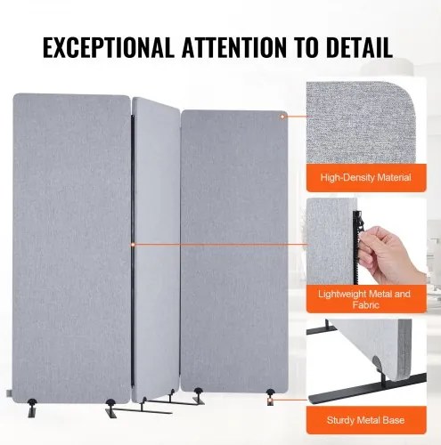 0,6 m Pokojový dělič 3 panely PET Polyester Zvukotěsná ochranná obrazovka šedá