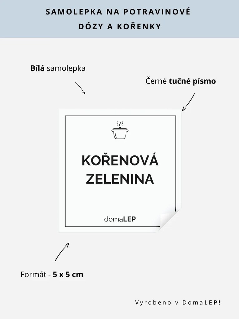 Samolepka na kořenky KOŘENOVÁ ZELENINA bílá 5 × 5 cm tučné písmo