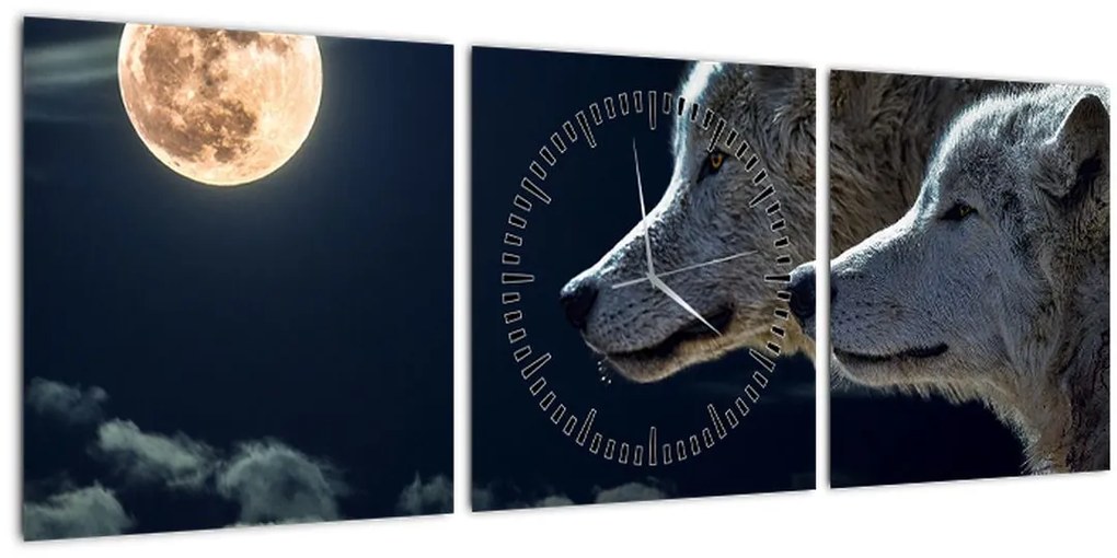 Obraz vlků vyjících na měsíc (s hodinami) (90x30 cm)