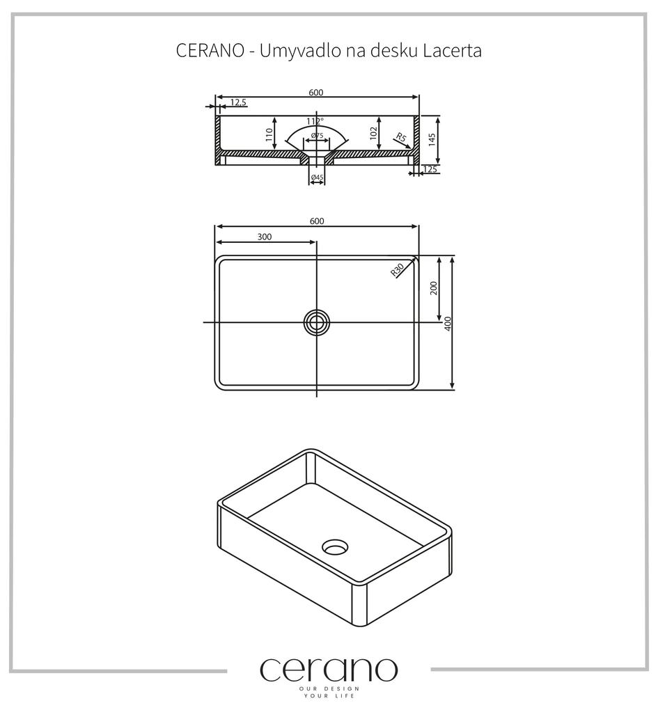 CERANO - Umyvadlo na desku z litého mramoru Lacerta - bílá lesklá - 60x40 cm