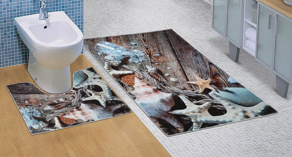 Bellatex koupelnová souprava 3D FOTOTISK MOŘSKÉ LASTURY, na hnědém dřevě, 100x60cm (předložka) + 60x50cm (na WC)