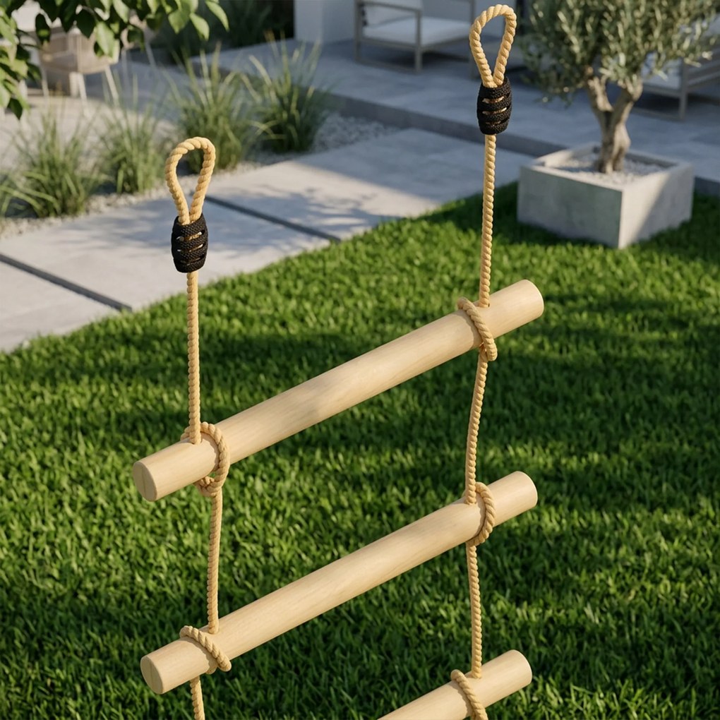 AIYAPLAY Ninja Line dětský lanový žebřík s 5 příčkami a slackline 1,8 m — přírodní dřevo, včetně 2 karabin a 2 popruhů na strom (3–8 let)