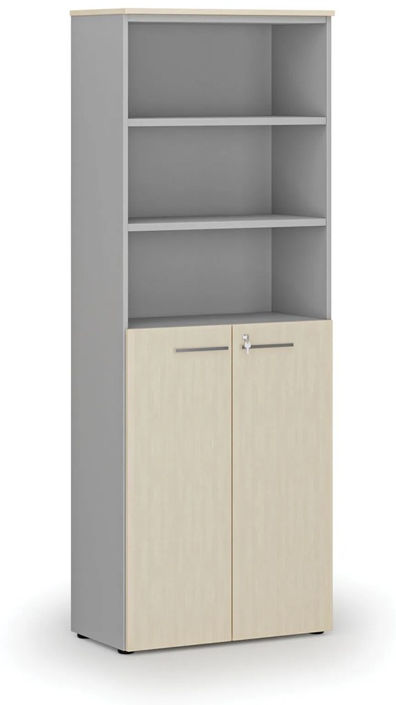 Kombinovaná kancelářská skříň PRIMO GRAY, dveře na 3 patra, 2128 x 800 x 420 mm, šedá/dub přírodní