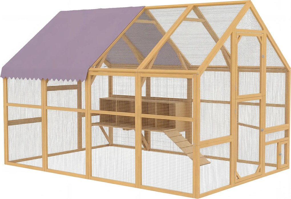 Dřevěný kurník s volným výběhem, bezpečnostní zámek, dvířka, 4 hnízdní boxy, pro 8-12 kuřat, cca 2,8 x 1,8 x 1,9 m, žlutý