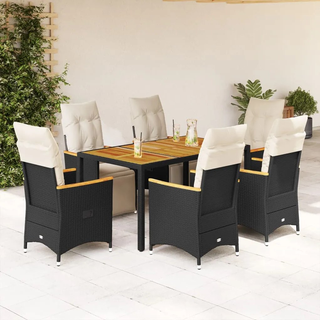 7dílný zahradní bistro set s poduškami černý polyratan 3276962