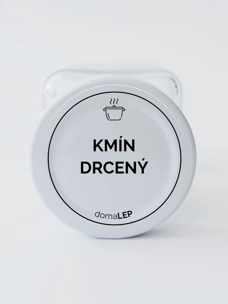 Samolepka na kořenky KMÍN DRCENÝ průhledná 5 cm tučné písmo