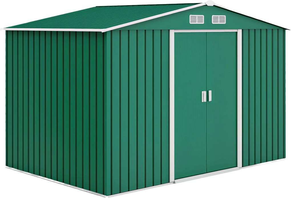 Zahradní shed Outsunny 4,9 m² 277x195x192 cm se skládacími dveřmi a šikmou střechou, zesílený základ (podlaha není součástí) a 4 tmavě zelená okna | A