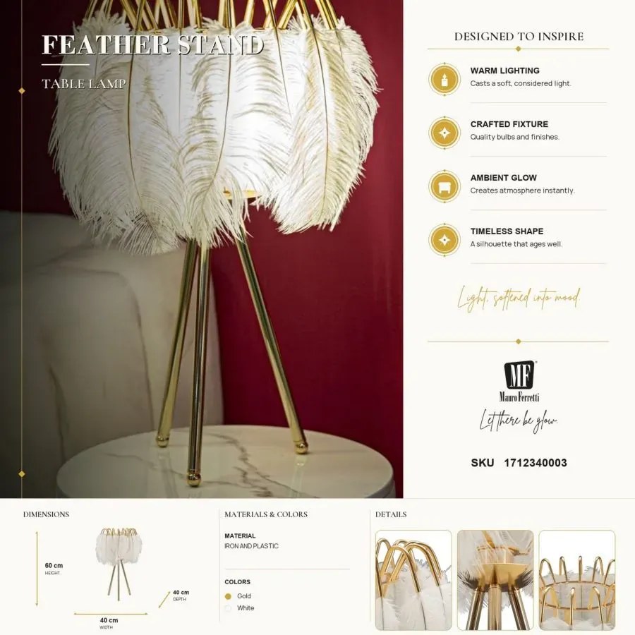 Stolní lampa Feather Stand 60 cm bílo-zlatá