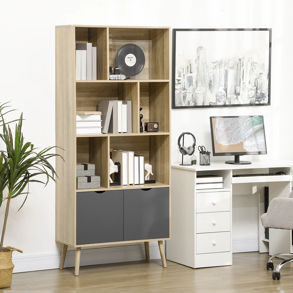 HOMCOM knihovní regál úložný regál skříň 6 polic rozměry 80D x 35Š x 180V cm přírodní a tmavě šedá