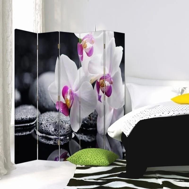 Ozdobný paraván Květiny Zen orchidej - 180x170 cm, pětidílný, obustranný paraván 360°