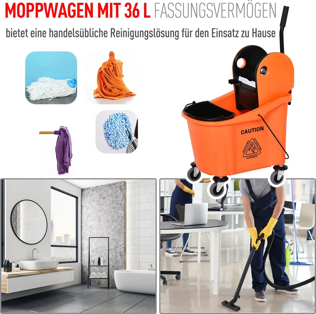 HOMCOM Úklidový vozík s košem na kolečkách a ždímačkou 36 l černý/oranžový 54x41x91,5 cm pro profesionální úklid