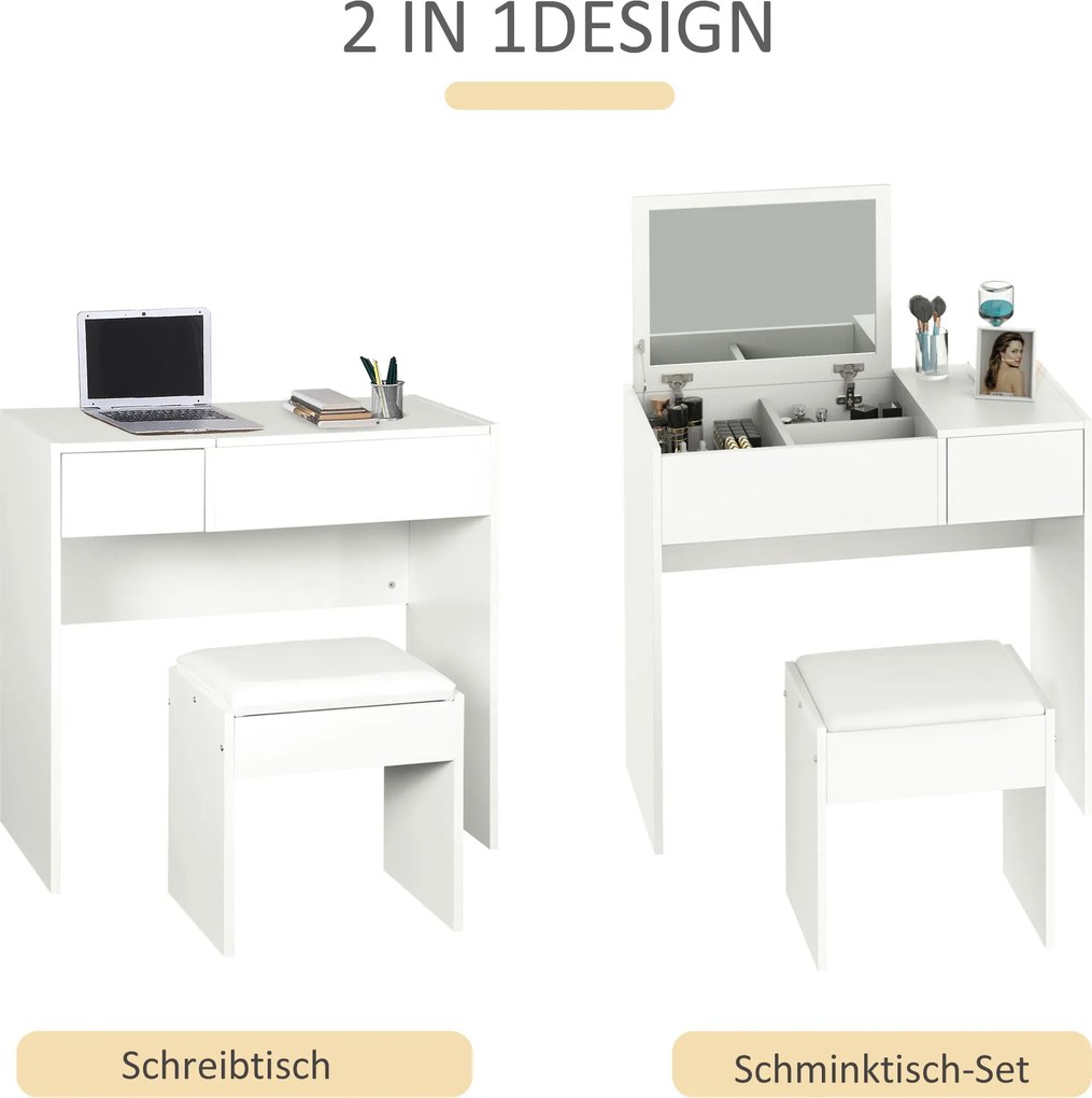 HOMCOM Moderní toaletní stolek 80Š x 40H x 79V cm se sklopným zrcadlem, zásuvkou a úložným prostorem + stůl