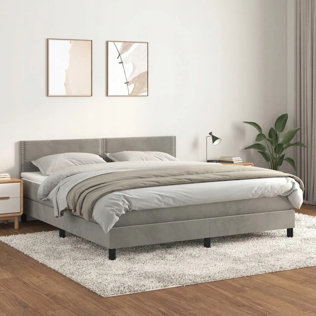 Box Spring Postel S Matrací Samet Světle Šedá Hladké s hřebíky 160 x 200