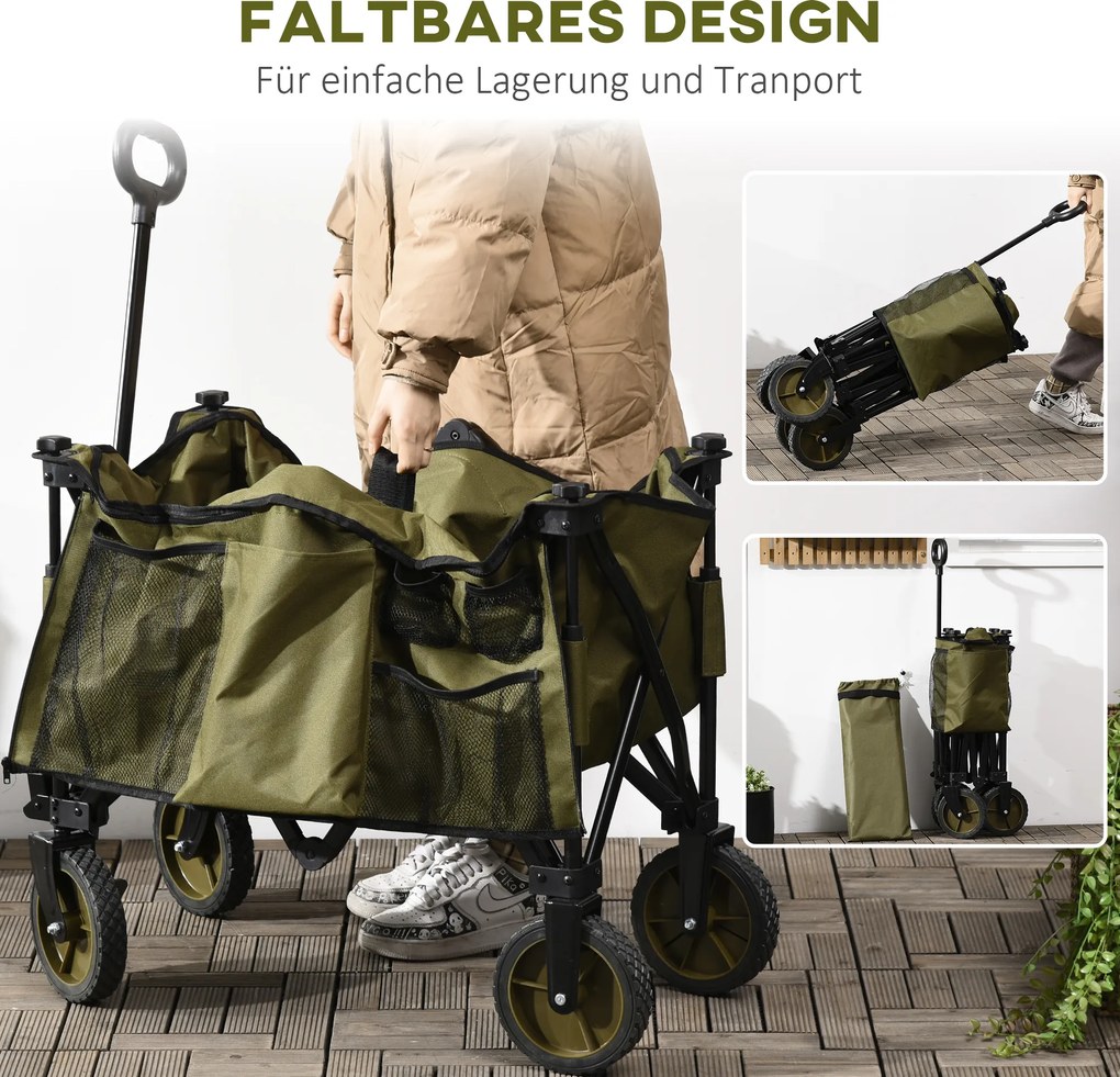 Bollerwagen, klappbar, 5 Seitentaschen, einziehbare Griff, bis 120 kg belastbar, Stahl, 108 x 55 x 93 cm, Grün