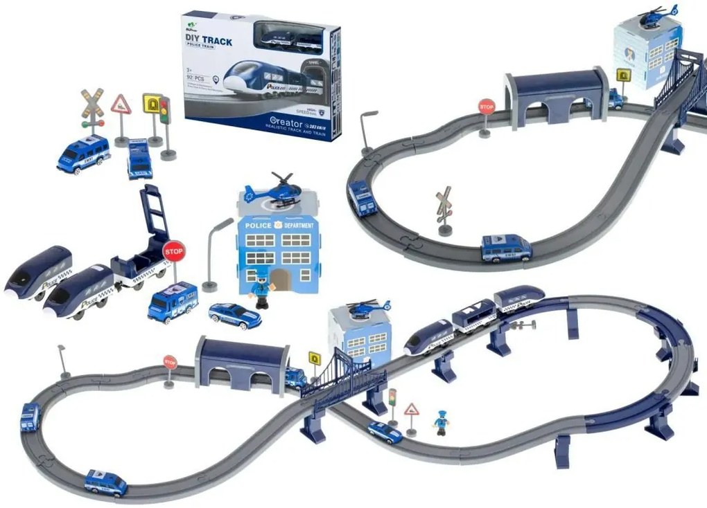 Topking elektrický policejní vlak s kolejemi 92 dílů - policejní stanice s vrtulníkem a auty