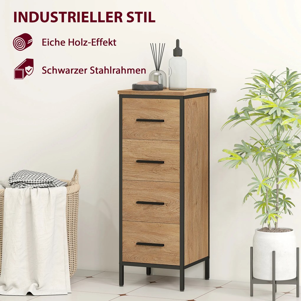 HOMCOM Koupelnová skříňka, 4 zásuvky, kompaktní, průmyslový styl, dřevotříska, kov