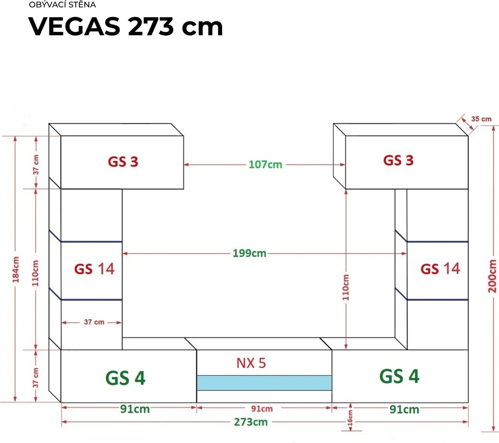 Ral Obývací stěna VEGAS 4, 273 cm - Bílý lesk