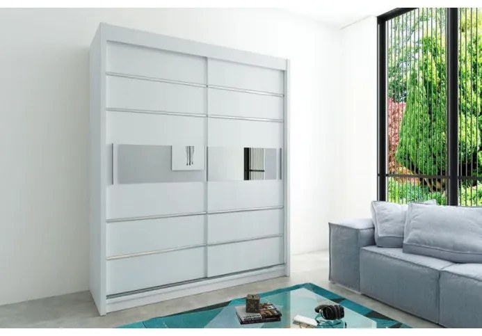 Prostorná šatní skříň s posuvnými dveřmi i zrcadlem Paulína 180 v barvě bíla