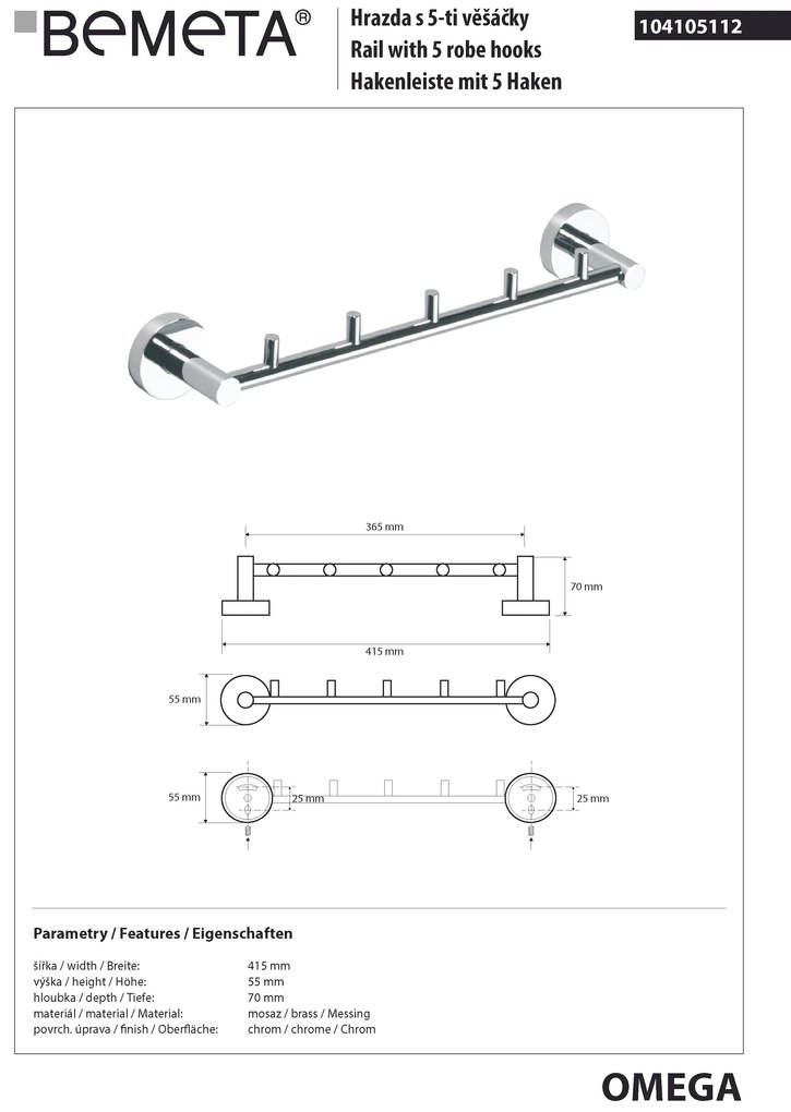 Bemeta Design OMEGA: Věšák s 5 háčky, 365 mm - 104105112