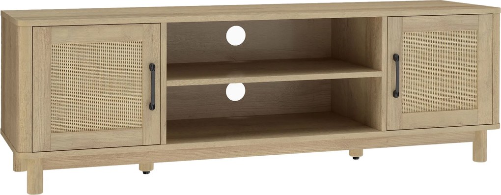 HOMCOM TV nábytek 135 cm, TV nábytek pro televize až do 165,1 cm s 2 ratanovými dveřmi, 2 otevřenými přihrádkami, dub