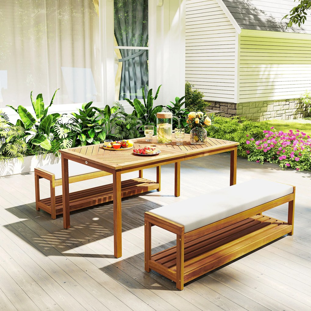 Outsunny 3dílná sada zahradního nábytku, sedací souprava včetně 1 jídelního stolu s otvorem pro slunečník, 2 lavice 150 x 85 x 75 cm teakové dřevo