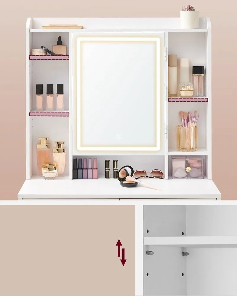 Toaletní stolek Vasagle Ginny 117 cm s LED osvětlením bílý