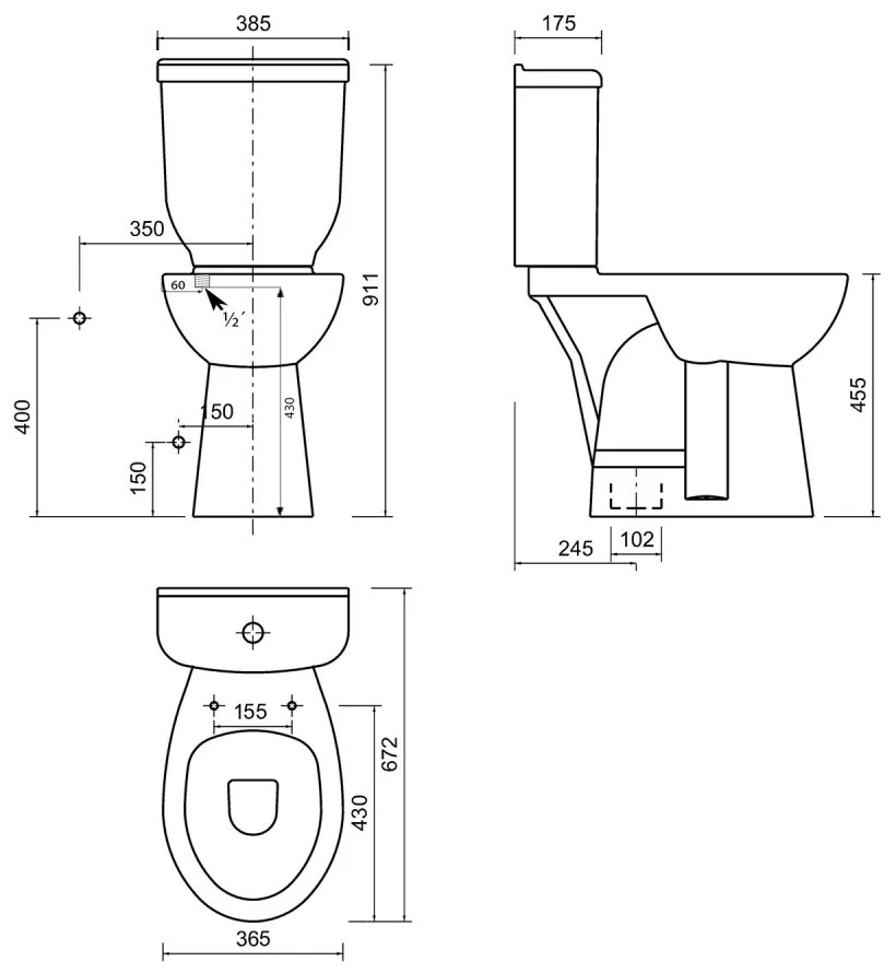 CREAVIT HANDICAP WC mísa kombi, zvýšený sedák, spodní odpad, 36,5x67,2cm, bílá BD305