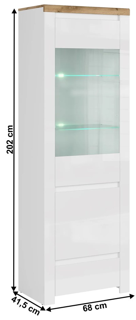 Kondela Vitrína 1D1W1S, bílý lesk/dub wotan, VILGO