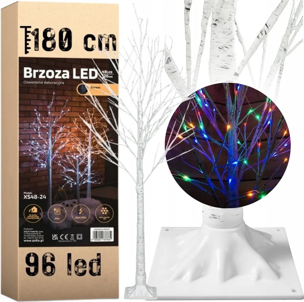 Vánoční stromek bříza led sváteční dekorace 180 cm 96 led vícebarevný