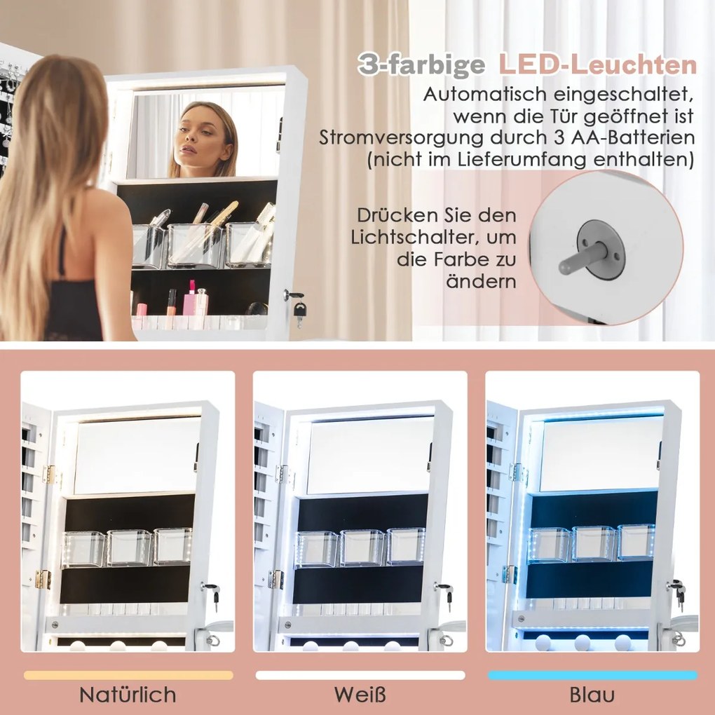 Costway LED skříňka na šperky s celoplošným zrcadlem a kosmetickým zrcátkem