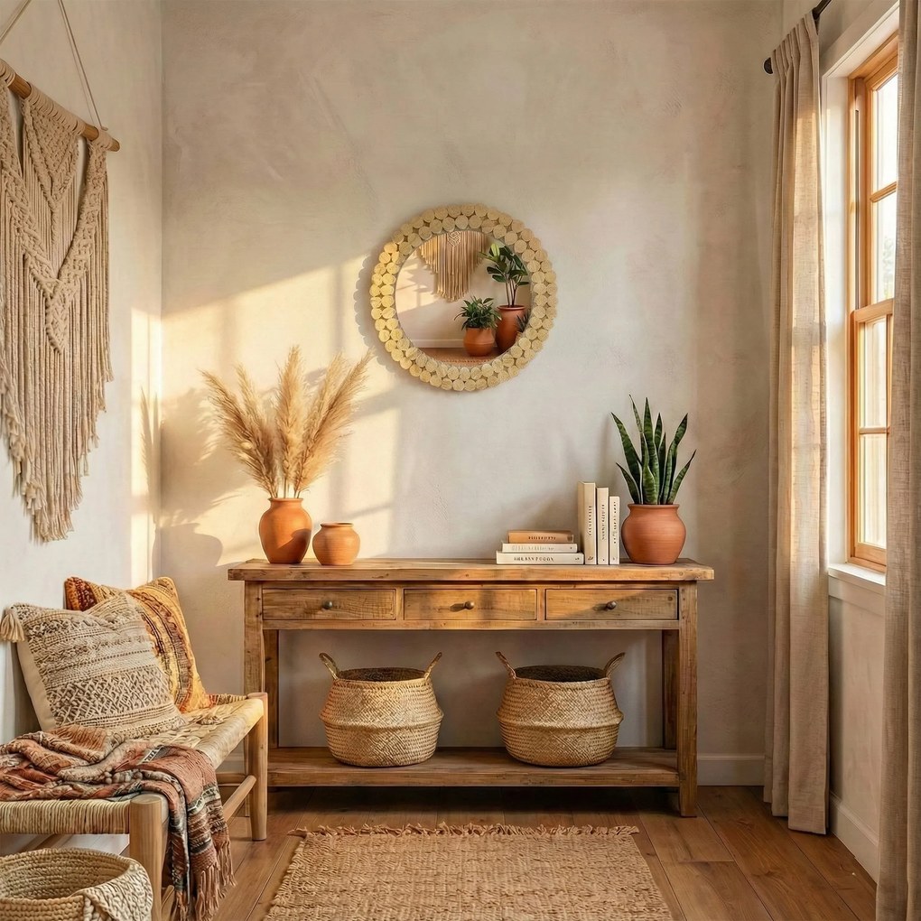 Kulaté nástěnné zrcadlo BOHO 36 cm přírodní