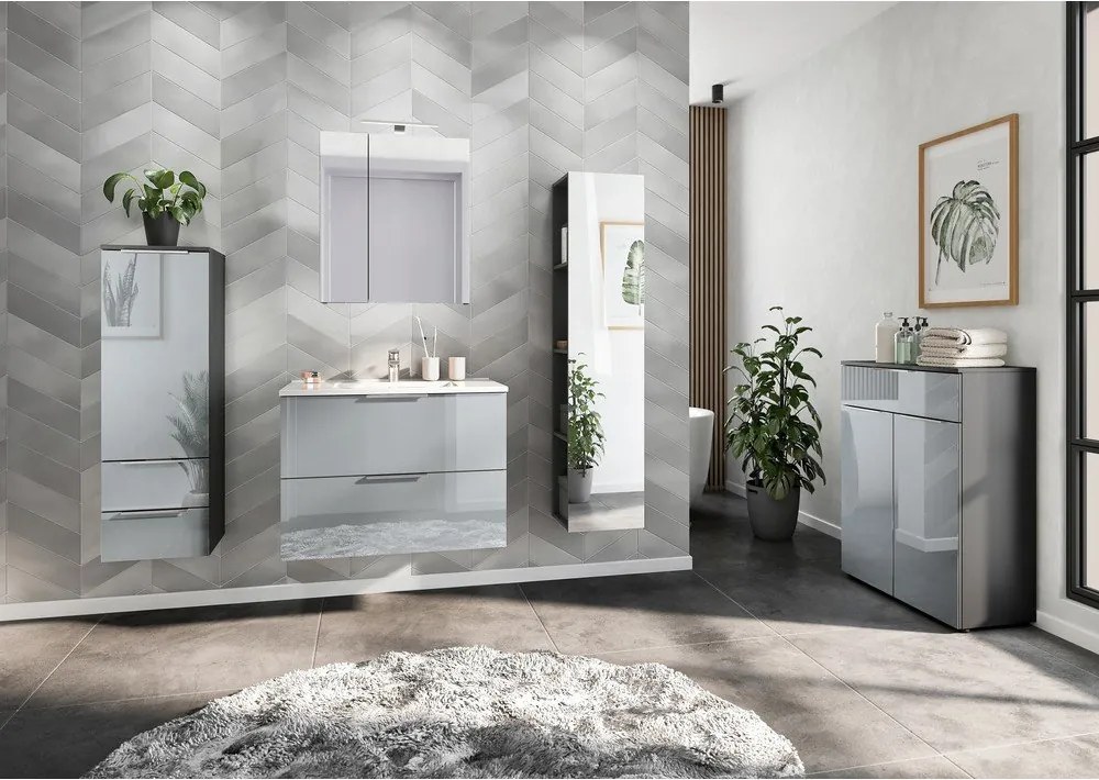 Šedá lesklá závěsná skříňka s umyvadlem 81x61 cm Vasio – Germania