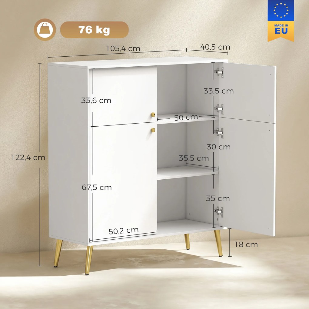 HOMCOM komoda s 4 dvířky, úložná skříňka s tichým dovíráním a kovovými nohami pro obývací pokoj nebo ložnici — 105,4 × 40,5 × 122,4 cm (krémová) Vyro…