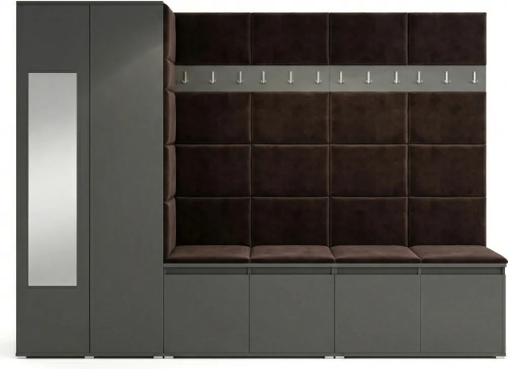 Předsíňová stěna Trinity 9 s čalouněnými panely, 290 cm, grafit/ tmavě hnědá