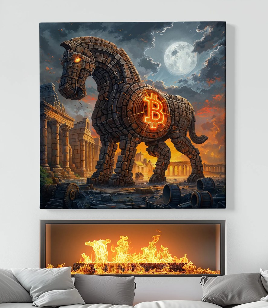 Obraz na plátně - Bitcoin, Trojský kůň, Ancient Bank FeelHappy.cz Velikost obrazu: 120 x 120 cm
