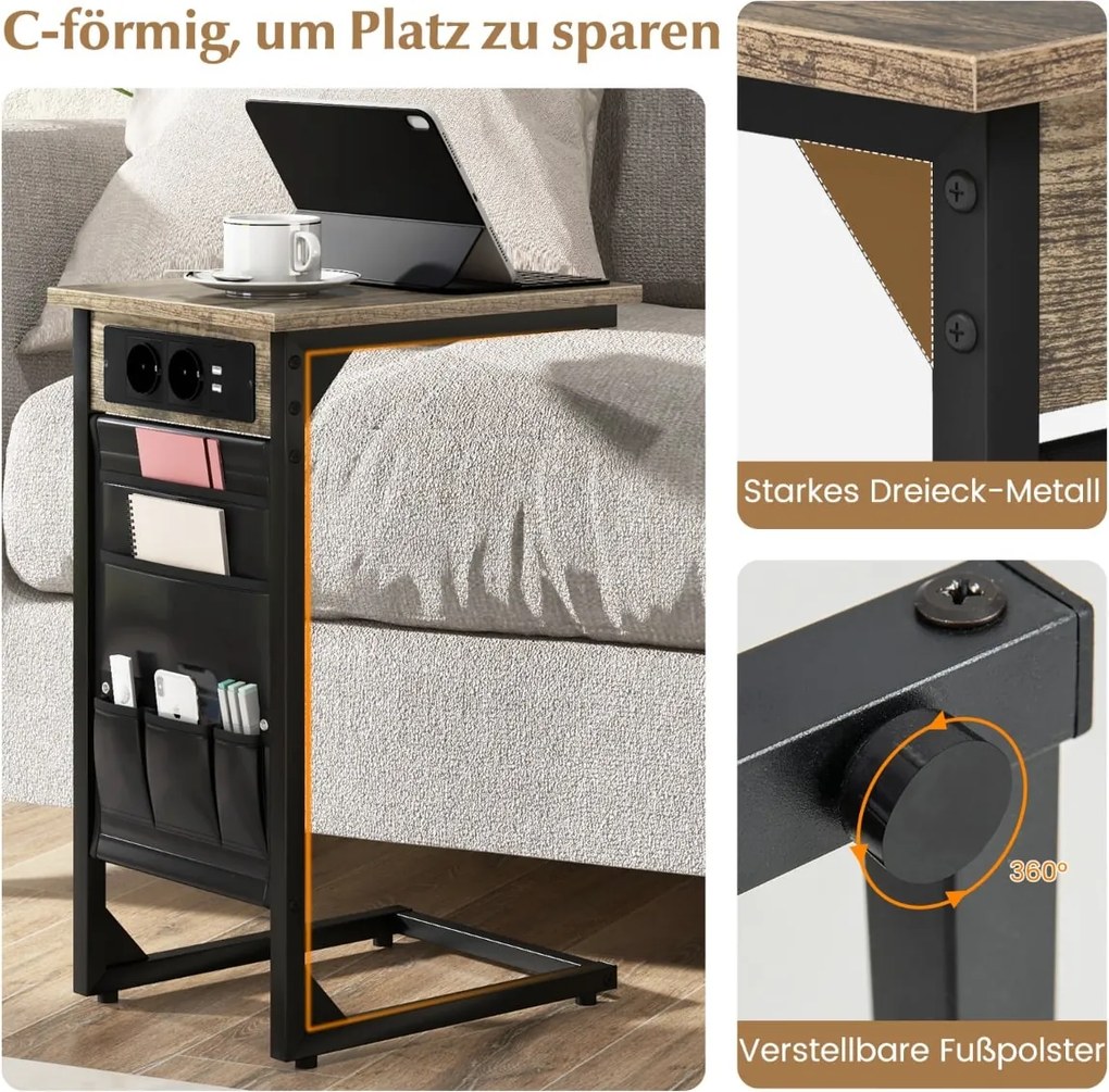 Costway Sada 2 odkládacích stolků ve tvaru C s nabíjecí stanicí a USB porty