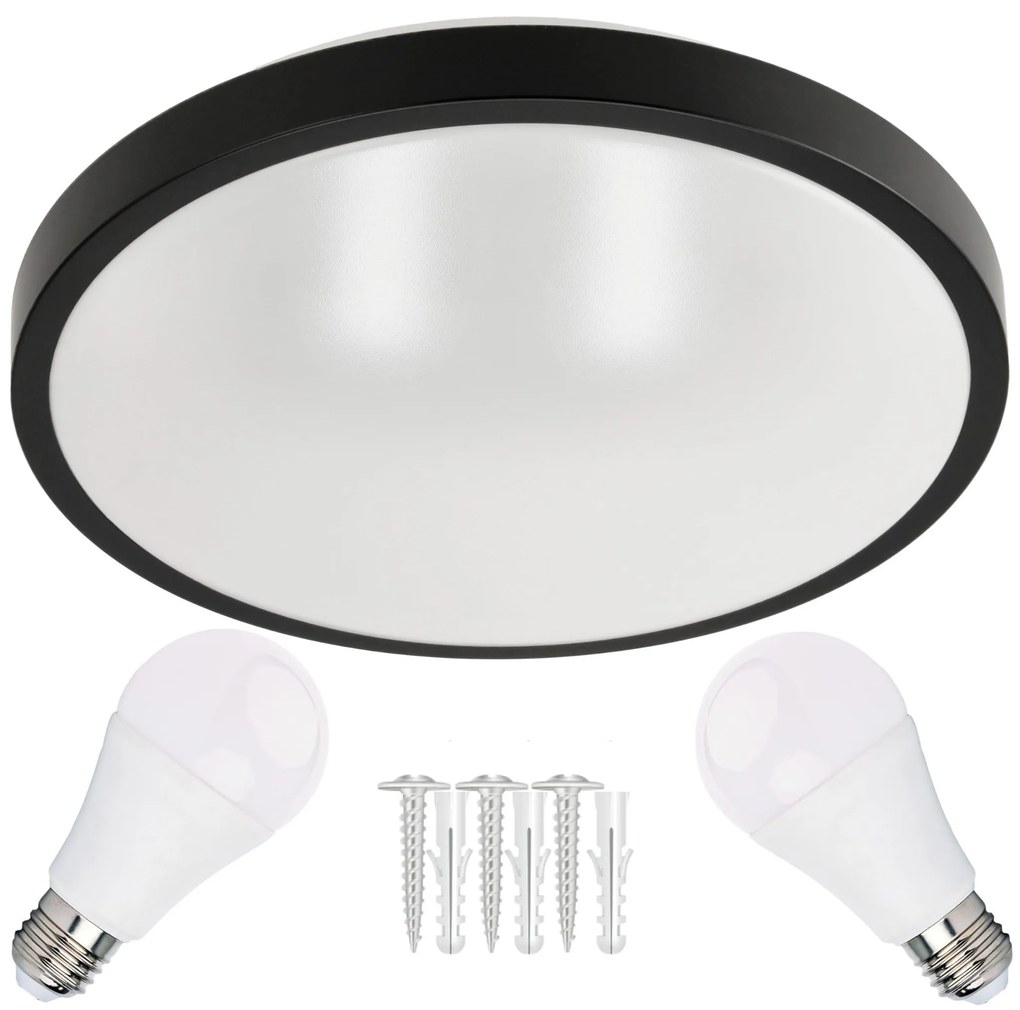 ECO LIGHT LED stropní svítidlo 2xE27 kulatá černá + 2x E27 10W neutrální bílá