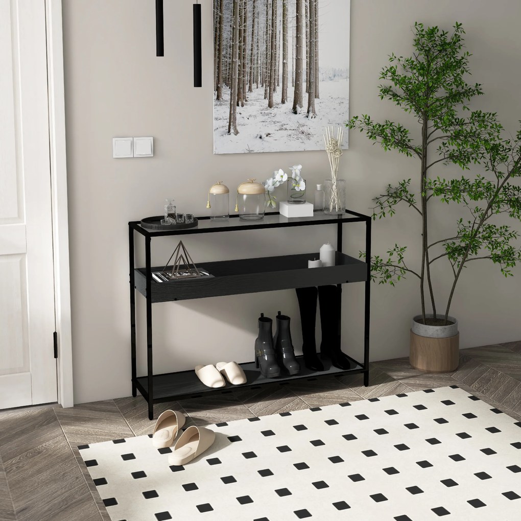 HOMCOM Konzolový stolek se 2 policemi Předsíňový stolek se skleněnou deskou, botník, ocel, černý, 100x30x78 cm| Aosom