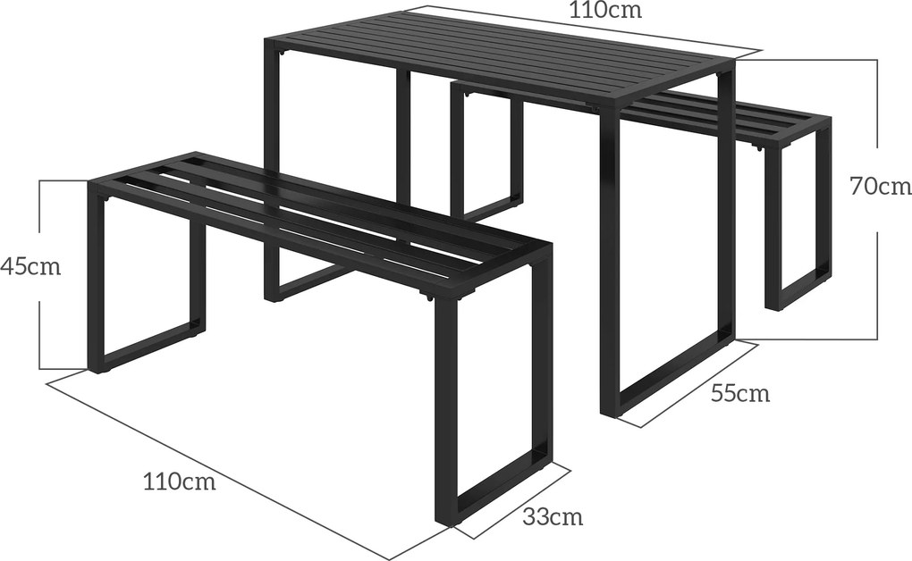 Outsunny sada venkovního nábytku 3-dílná pevná zahradní souprava se stolem a 2 kovovými lavicemi černá 110 x 55 x 70 cm | Aosom.de