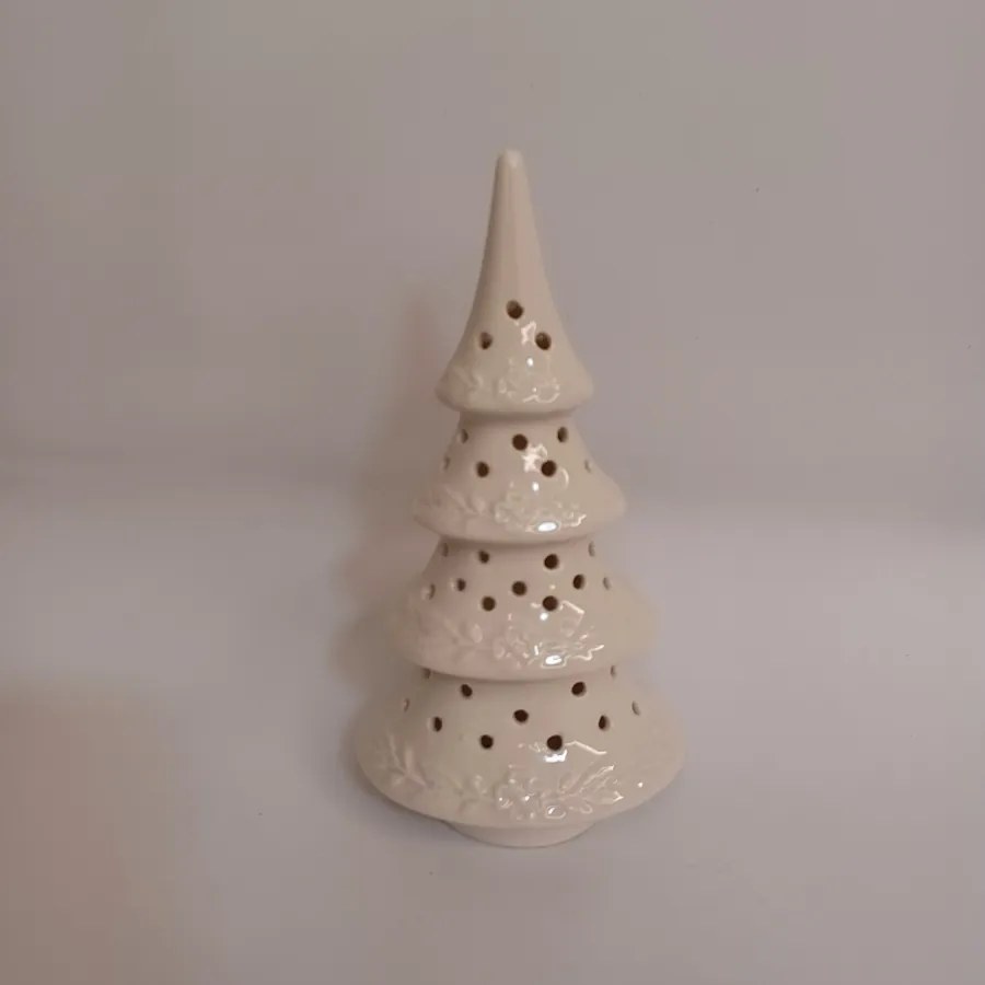 LED dekorace keramický stromeček, 9 × 7,4 × 17,8 cm, teple bílá, 2× LR44