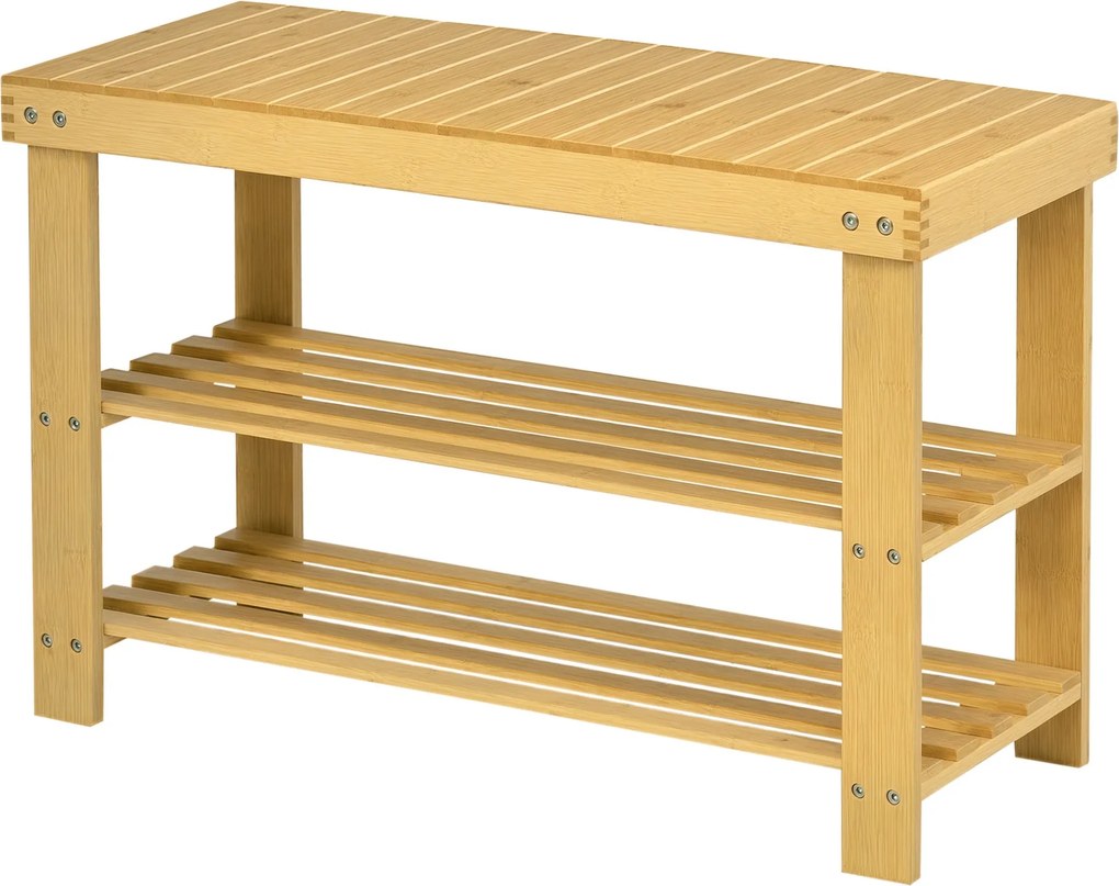 HOMCOM Botníková lavice se sedadlem, Bambusová lavice se skladováním, Botník s 2 otevřenými policemi pro obývací pokoj, Vchod, 70 x 28 x 45 cm Přiroze