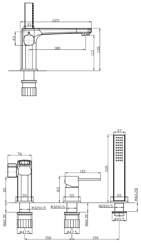 Invena Trend, 3-otvorová vanová baterie, černá matná, INV-BW-02-S04-V