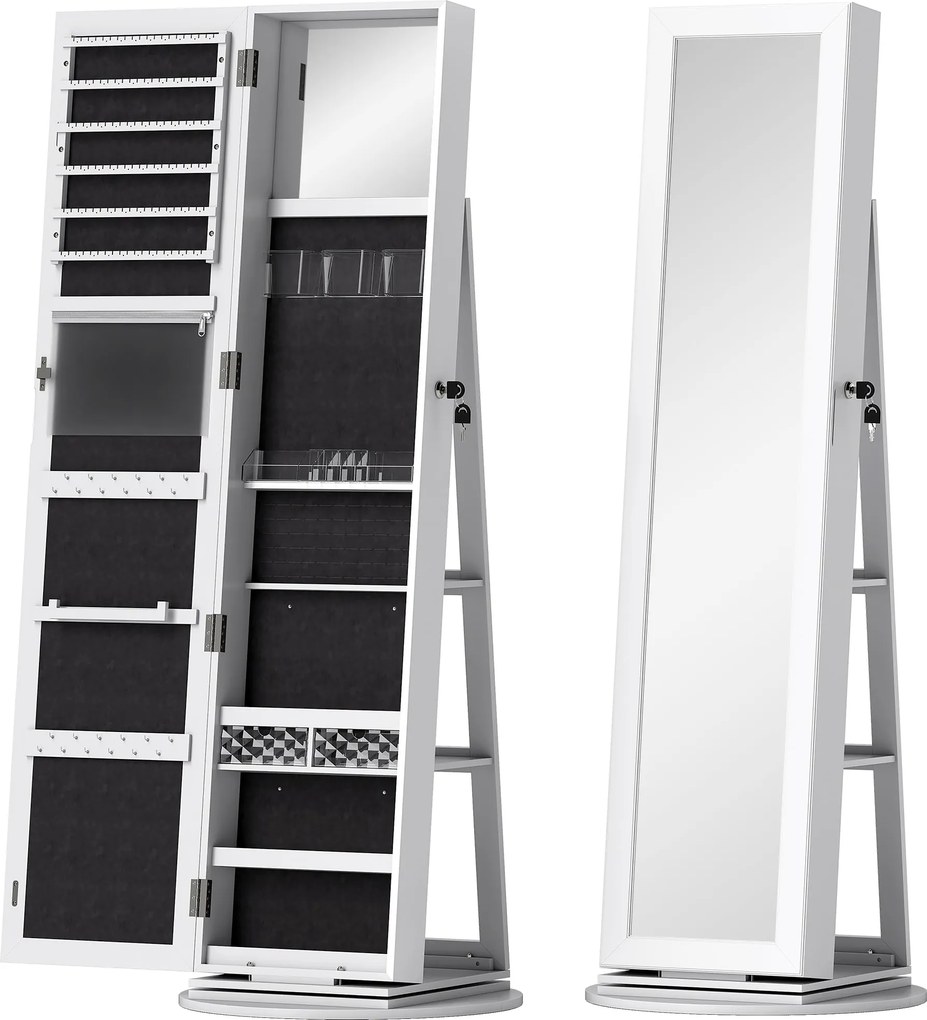 HOMCOM 360° Rotující Šperkovnice se Zrcadlem, Šperkovnice se Zámkem, Celoplošné Zrcadlo se 3 Policemi na Zadní Straně a 2 Šuplíky, 55x55x161 cm, Bílá
