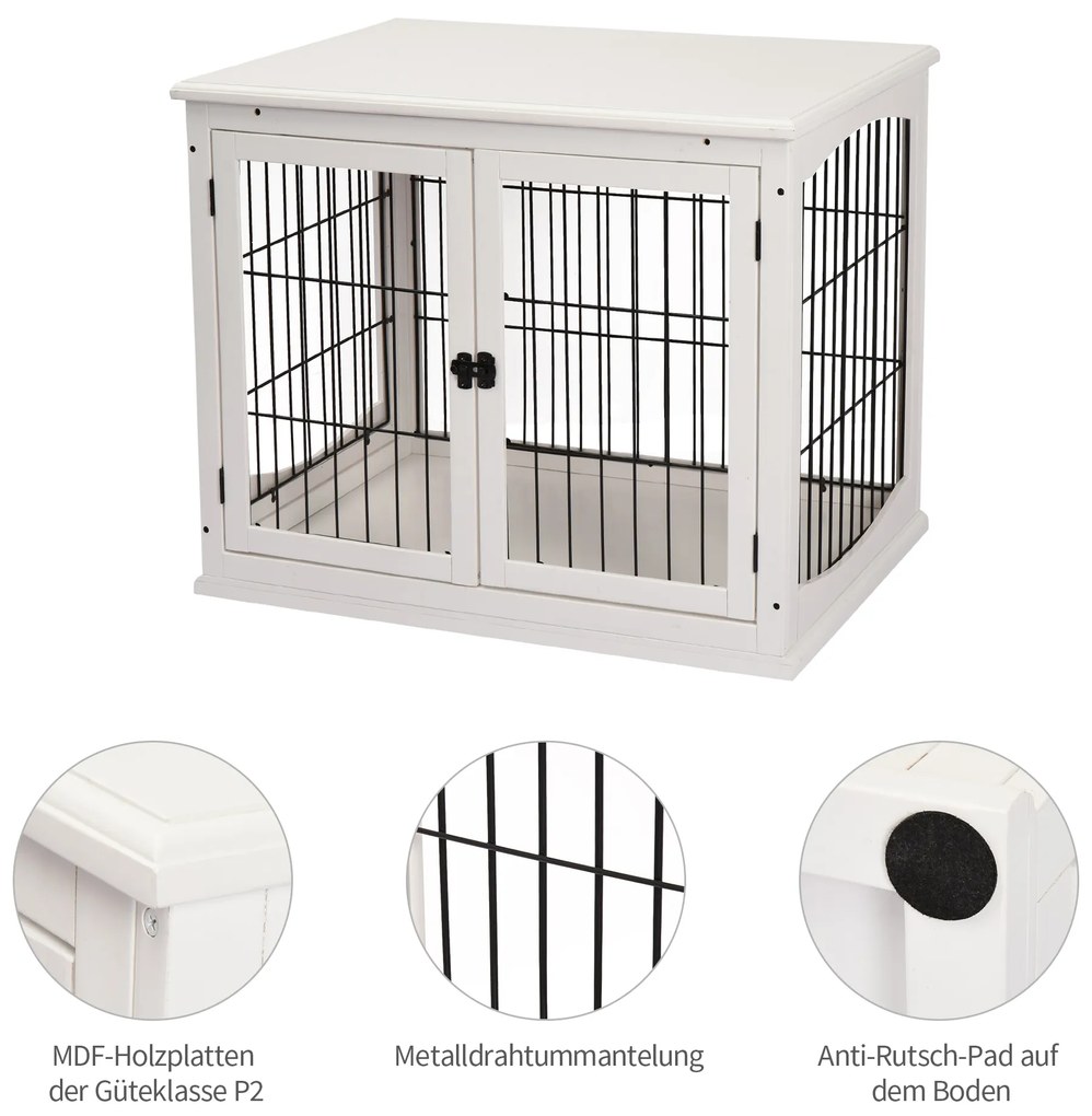 PawHut bouda pro psy přepravní box pro malá zvířata v interiéru 81 x 58,5 x 66 cm z MDF a kovu v bílé barvě, ideální pro domácí zvířata