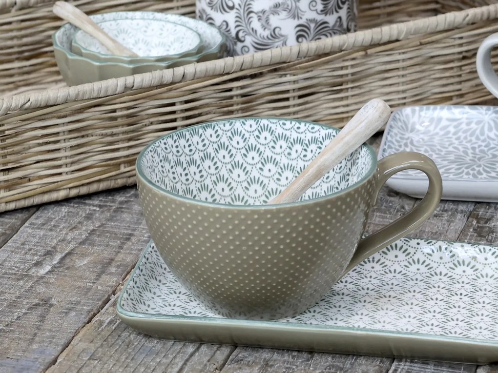 Zelený porcelánový hrnek s ornamenty uvnitř Arés Verte - 15* Ø12*8 cm/ 470ml