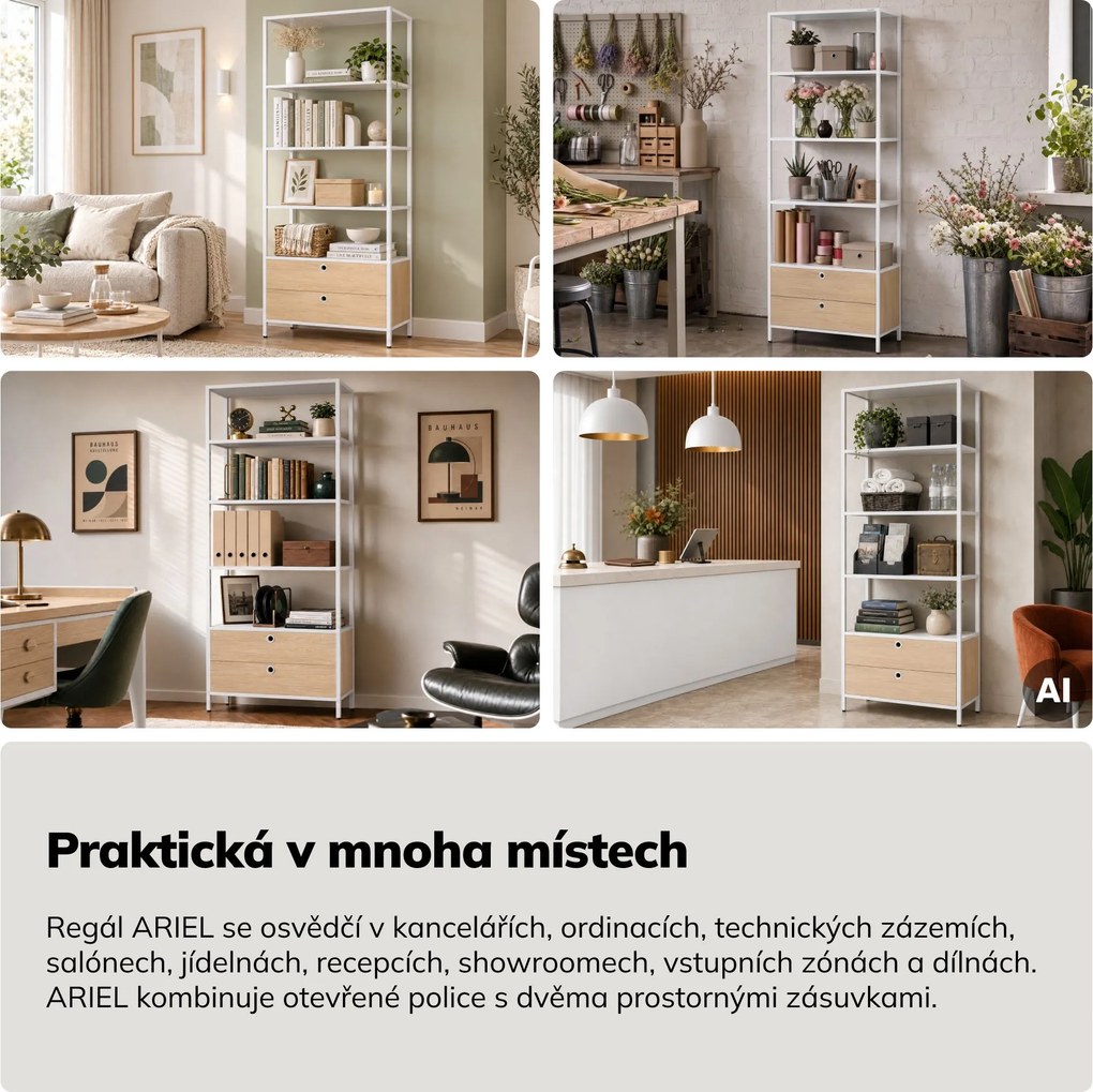 Regál se zásuvkami do kanceláře, na šanony a dokumenty, otevřené police, kovový, bílý/dub sonoma, 800x2200x400 mm: ARIEL Eco Design
