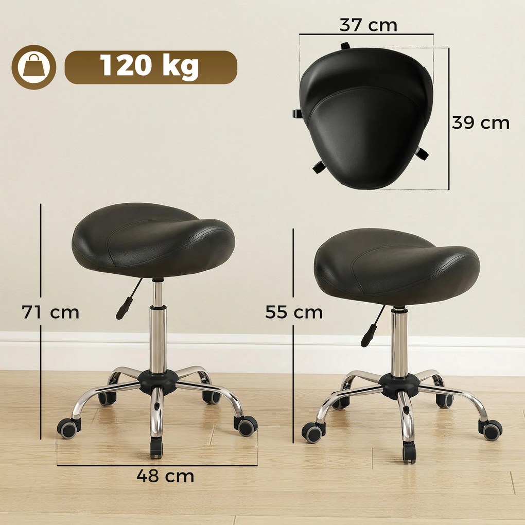 HOMCOM Rolovací stolička Výškově nastavitelná pracovní stolička s kolečky otočná imitace kůže černá 48 x 54-69 cm pro salony a masáže